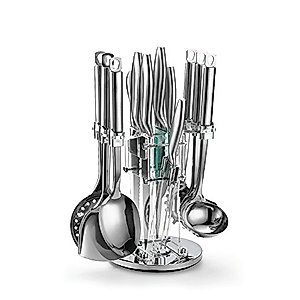 Oak & Steel 13 All-In-One Stainless Steel Chef Knife & Kitchen Cooking Utensil Set - Rotating Stand with Built-in Sharpener, 7 Cooking Tools, 5 Professional Knives