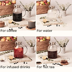 Pykal Glass Water Pitcher with Lid - 68 Oz - Heat Resistant Iced Tea or Coffee Jug with Handle and Lid - Borosilicate Pitchers for Hot or Cold Liquids - w/Free Brush