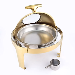 HONHPD 6.5 Quart Gold Round Chafing Dish Buffet Set, Stainless Steel Roll Top Chafer for Catering, Food Warmer with Glass Window for Party Wedding Catering Banquet Graduation Event