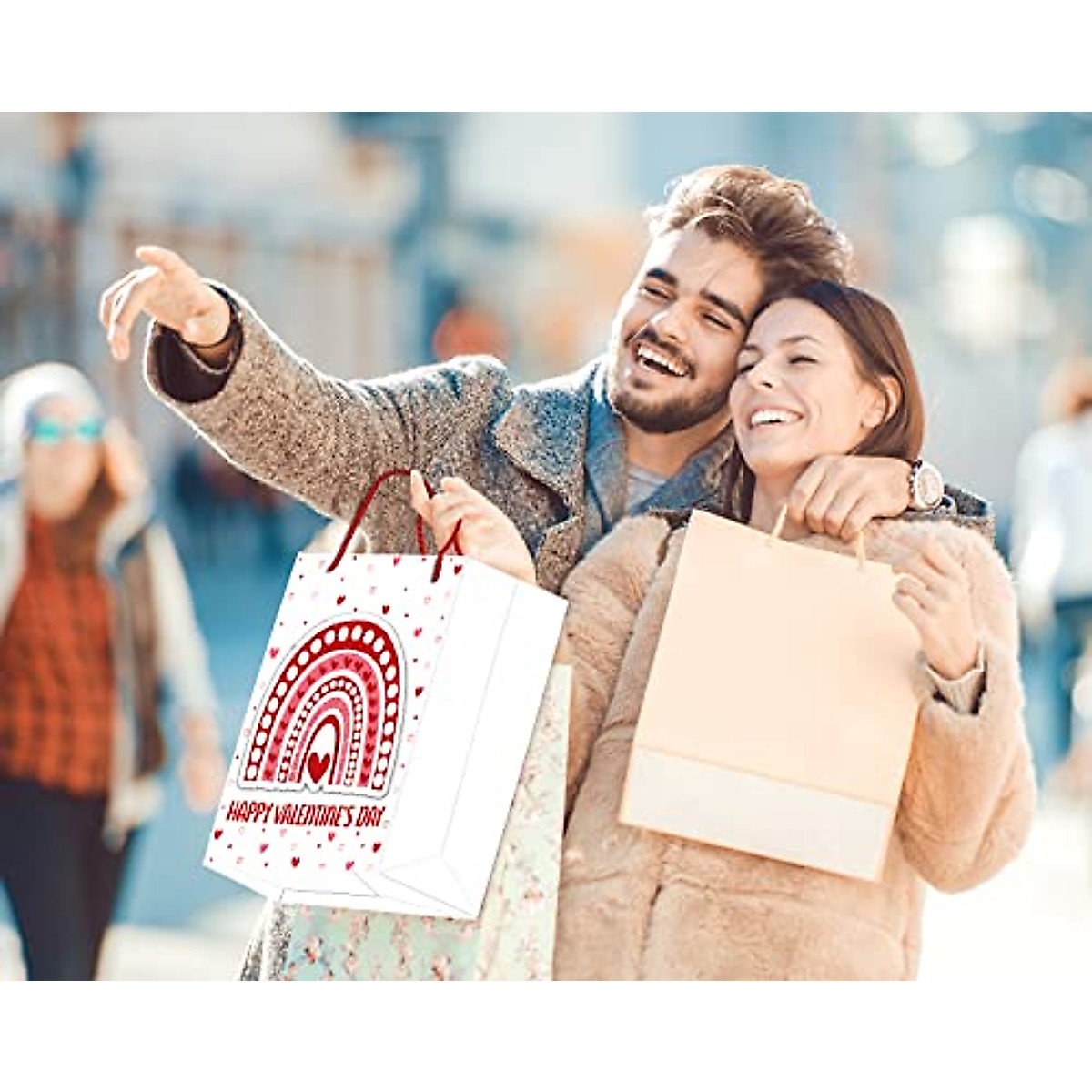 FaCraft Happy Valentines Day Gift Bag with Handle Large Rainbow Valentines Gift Bag with Tissue Paper,Love Heart Romantic Valentines Gift Bags for Her Him Men Girlfriend Boyfriend Husband Wife