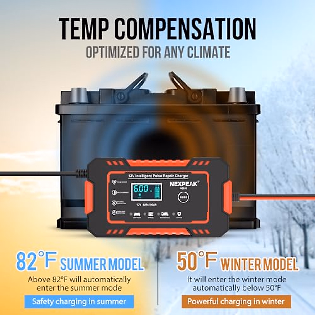 NEXPEAK NC101 Car Battery Charger, Smart Battery Trickle Charger 12V 6A Automotive Battery Maintainer Desulfator with Temp Compensation for Car Truck Motorcycle Lawn Mower Marine Lead Acid Batteries