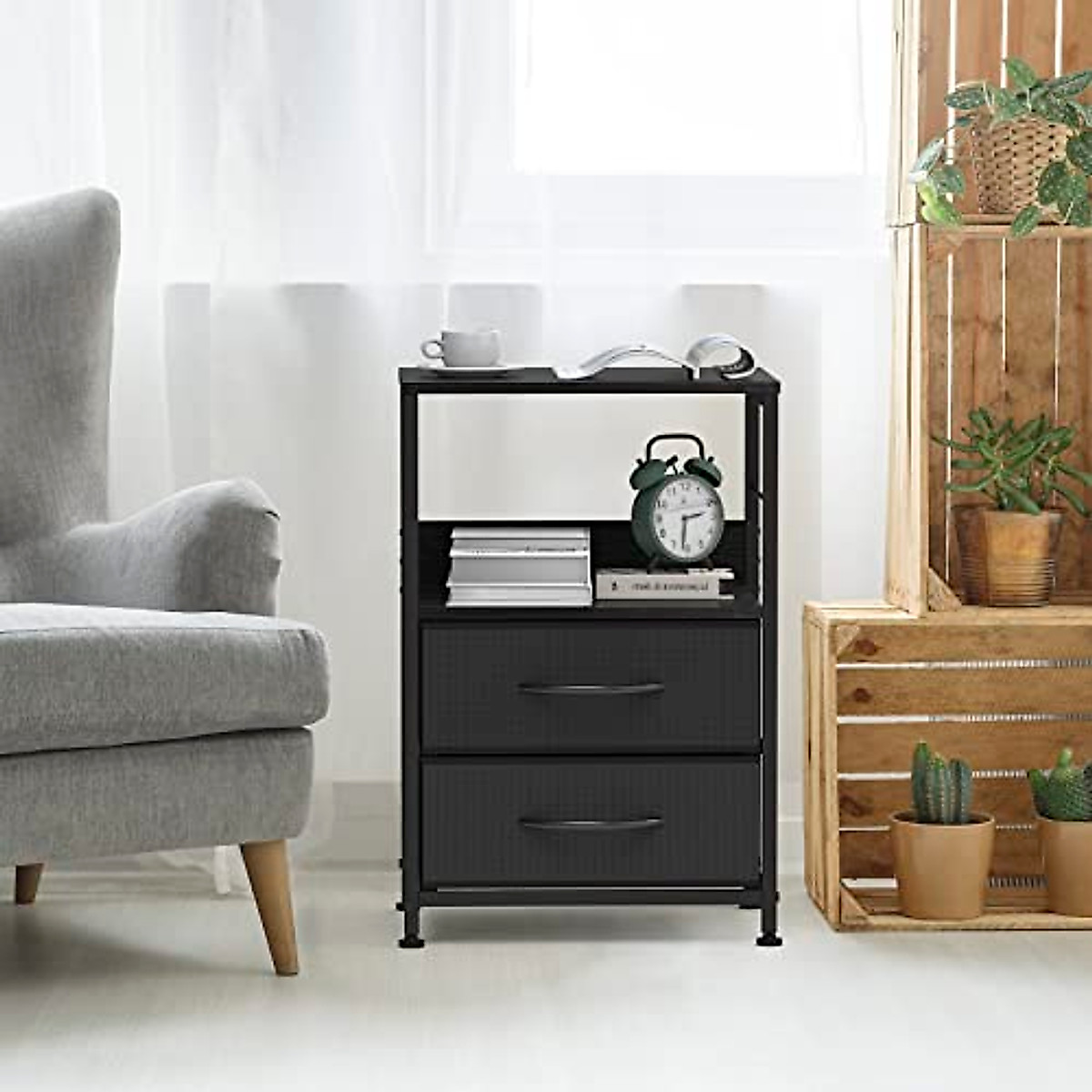 YBING Nightstand Bedroom Bedside Table with Fabric Drawers End Table with Storage Open Shelf Side Table for Living Room Home Dorm Small Space Black