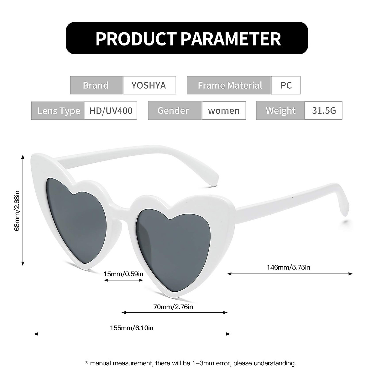 YOSHYA Clout Goggle Heart Sunglasses Vintage Cat Eye Mod Style Retro Kurt Cobain Glasses (White Grey)