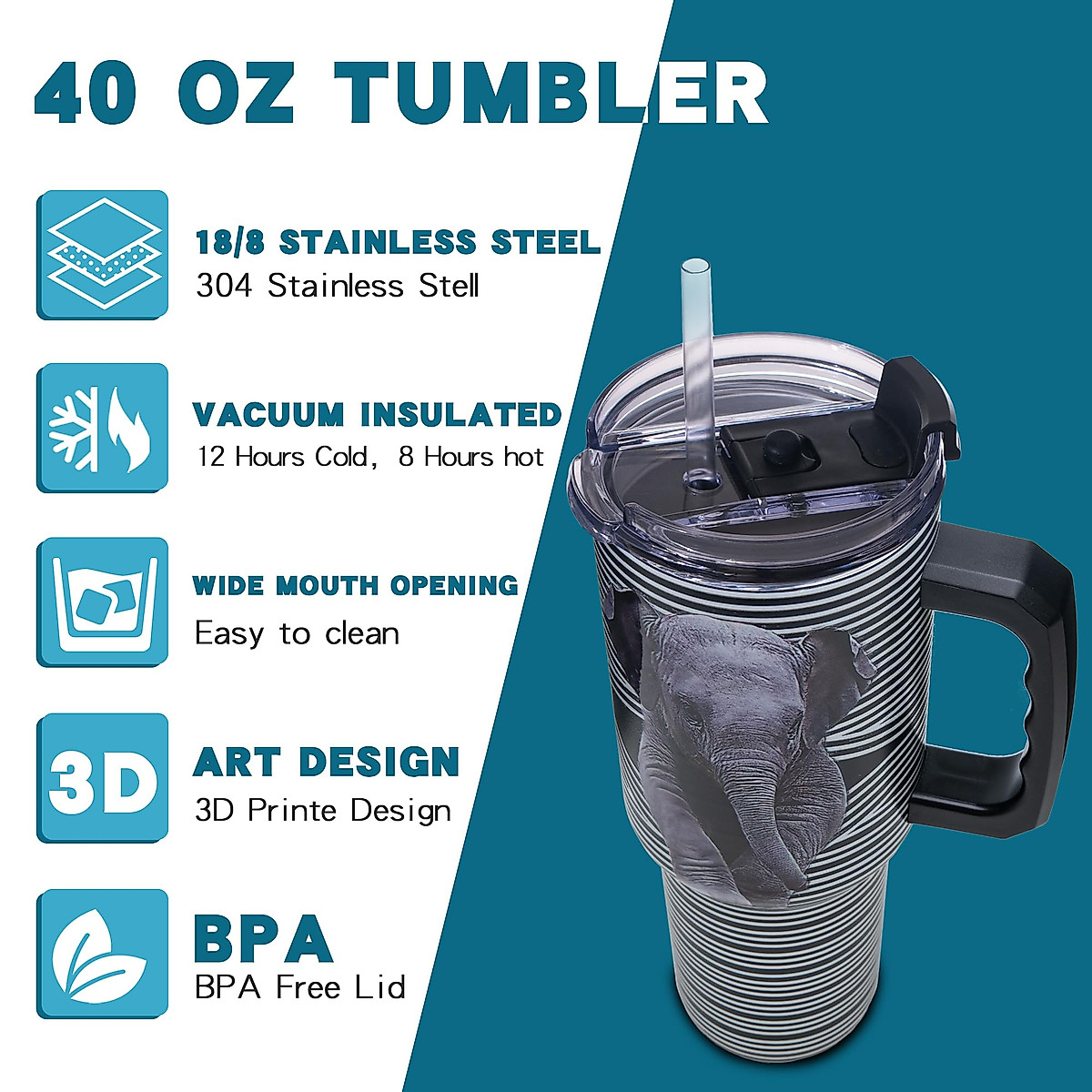 Gome 40oz Elephant Tumbler – Insulated Stainless Steel Cup with Handle, Lid & Straw, Wildlife Gifts for Women, Animal Lovers, Birthday & Nature-Inspired Gift