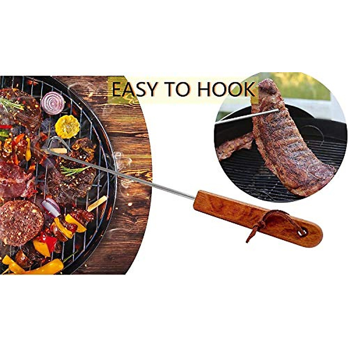 LQLMCOS 2Pcs Food Flipper Turner Hooks Stainless Steel BBQ Meat Hooks Cooking Barbecue Turners Hooks Grill Accessories with Wooden Handle for Grilling & Smoking (2 * 12.5 in)