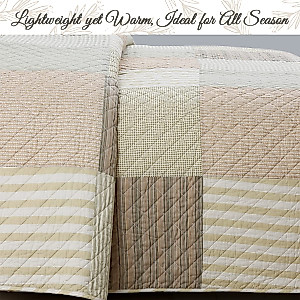 Cozy Line Home Fashions 100% Cotton Reversible Quilt Bedding Set, Classic Taupe Tan Striped Patchwork All-Season Coverlet Bedspread (Winter Plains, Queen-3 Piece)