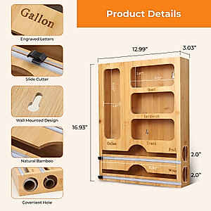 Bag Storage Organizer and Wrap Dispenser with Cutter for Kitchen Drawer, Bamboo Bags Compatible Foil, Wax, Ziploc Gallon, Quart, Sandwich Snack Variety Size 12'' Rolls, 1.0 Count, (Pack of 1)