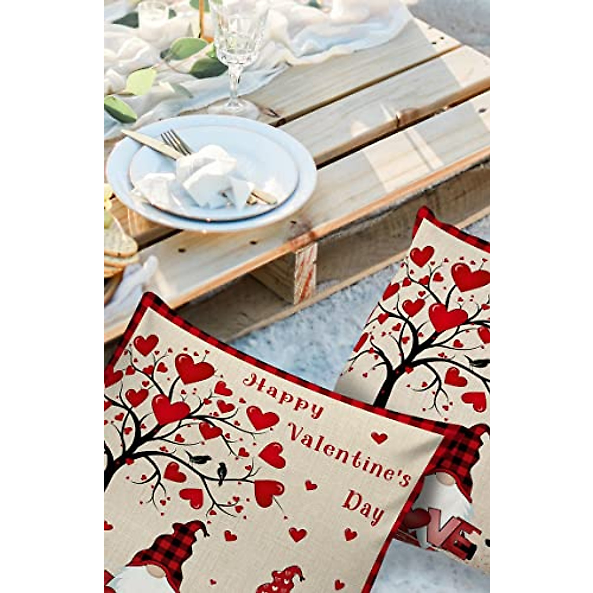 Vandarllin Outdoor Throw Pillows Covers 18X18 Set of 2 Waterproof Happy Valentine's Day Decorative Zippered Lumbar Cushion Covers for Patio Furniture, Gnomes Love Heart Tree