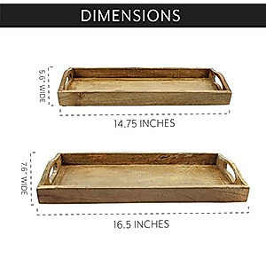 AuldHome Rustic Wood Serving Trays (Set of 2), Handmade Primitive Rectangular Mango Wood Nesting Trays, Handmade in India