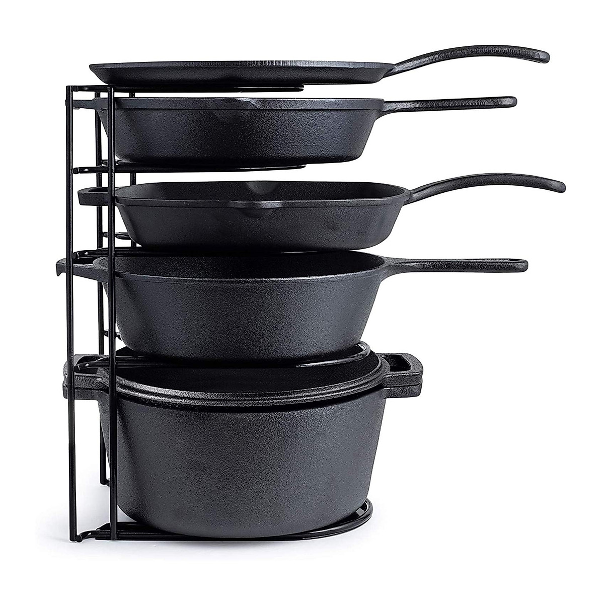 Heavy Duty Pan Organizer, Extra Large 5 Tier Rack - Holds Cast Iron Skillets, Dutch Oven, Griddles - Durable Steel Construction - Space Saving Kitchen Storage - No Assembly Required - Black 15.4-inch