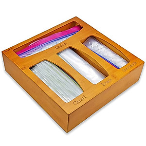 Ziplock Bag Storage Organizer for Kitchen Organization, Bamboo Drawer Organizer, Compatible with Most Brands of or Slider Type Plastic Bags, Slots Gallon, Quart, Sandwich, Snack, 12'' x 3''