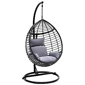 SereneLife Hanging Egg Chair with Stand - Indoor Outdoor Patio Wicker Rattan Lounge Chair with Stand, Steel Frame, UV Resistant Washable Cushions for Garden Backyard Deck Sunroom SLGZ0EGBL (Black)