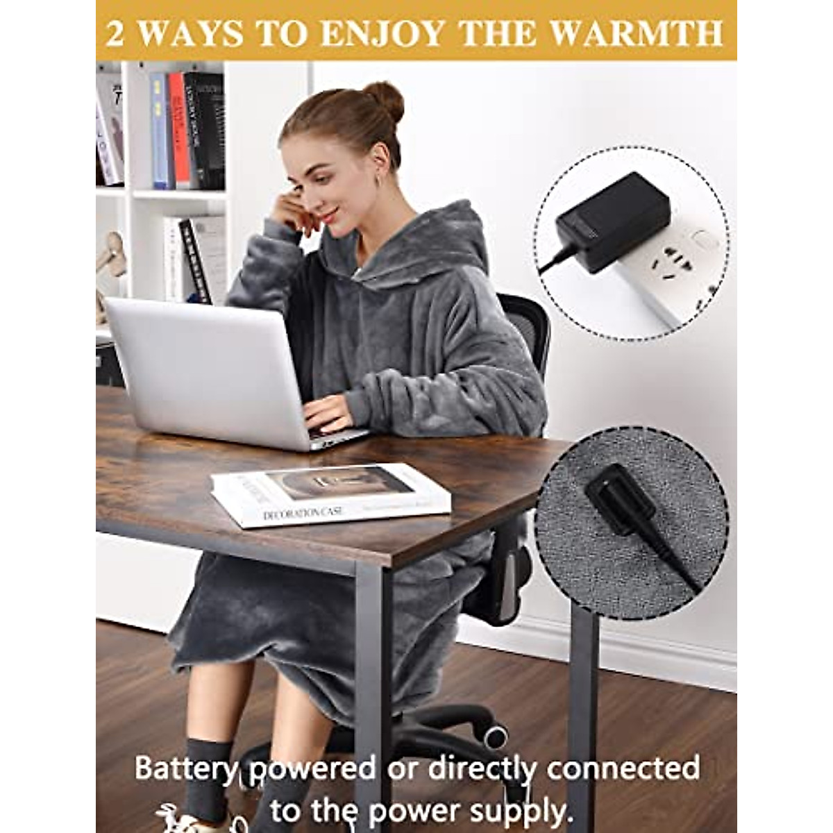 STARBEDIA Heated Wearable Blanket Hoodie - Cordless Wearable Electric Blanket Oversized Hooded Blanket with Battery Pack, Portable Heating Hoodie Blanket Sweatshirt for Adult Women Men, Gray