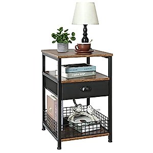 Industrial Nightstand, Bedside Table End Table with Storage Drawer, Open Wood Shelf, 16”x 16” Side Table with Adjustable Feet, for Bedside Sofa Couch, Living Room, Bedroom, Black and Brown