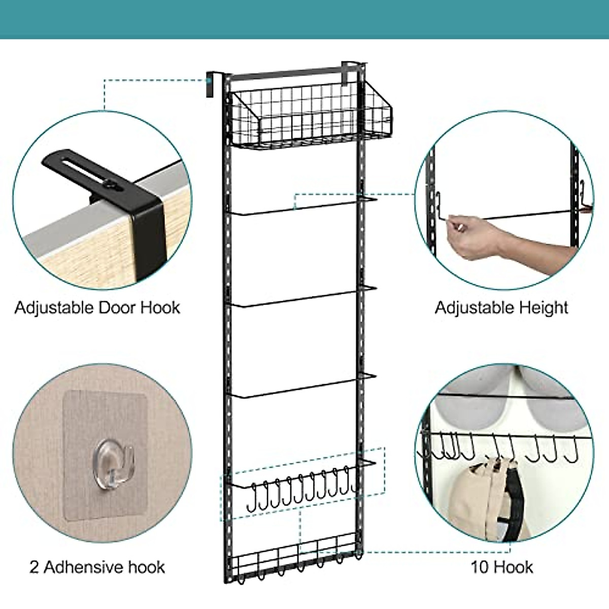 Yociyoga Metal Hat Racks for Baseball Caps, Over the Door Hat Organizer Hat Holder with Door Hooks & 17 Hat Hooks, Adjustable Tier Height Hat Hanger Hat Storage with Storage Basket, Black