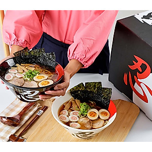 HAKONE YOSEGI Ceramic Japanese Ramen Bowl Set (Black, 60oz)