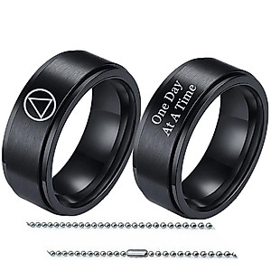 Inspirational One Day At A Time Sobriety Gifts for Women Men Stainless Steel Sober Recovery Anxiety Spinner Bands Ring Necklace Chain Alcoholics Addiction Recovering Jewelry Gift,Black, #10