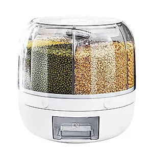 Rice Storage Container 360° Rotating Food Dispenser,7 pounds Large Capacity 6-Grid Rice Bucket Rotating Food Dispenser, Food Storage Containers With Lids Airtight,Moisture-Proof Grains Dispenser