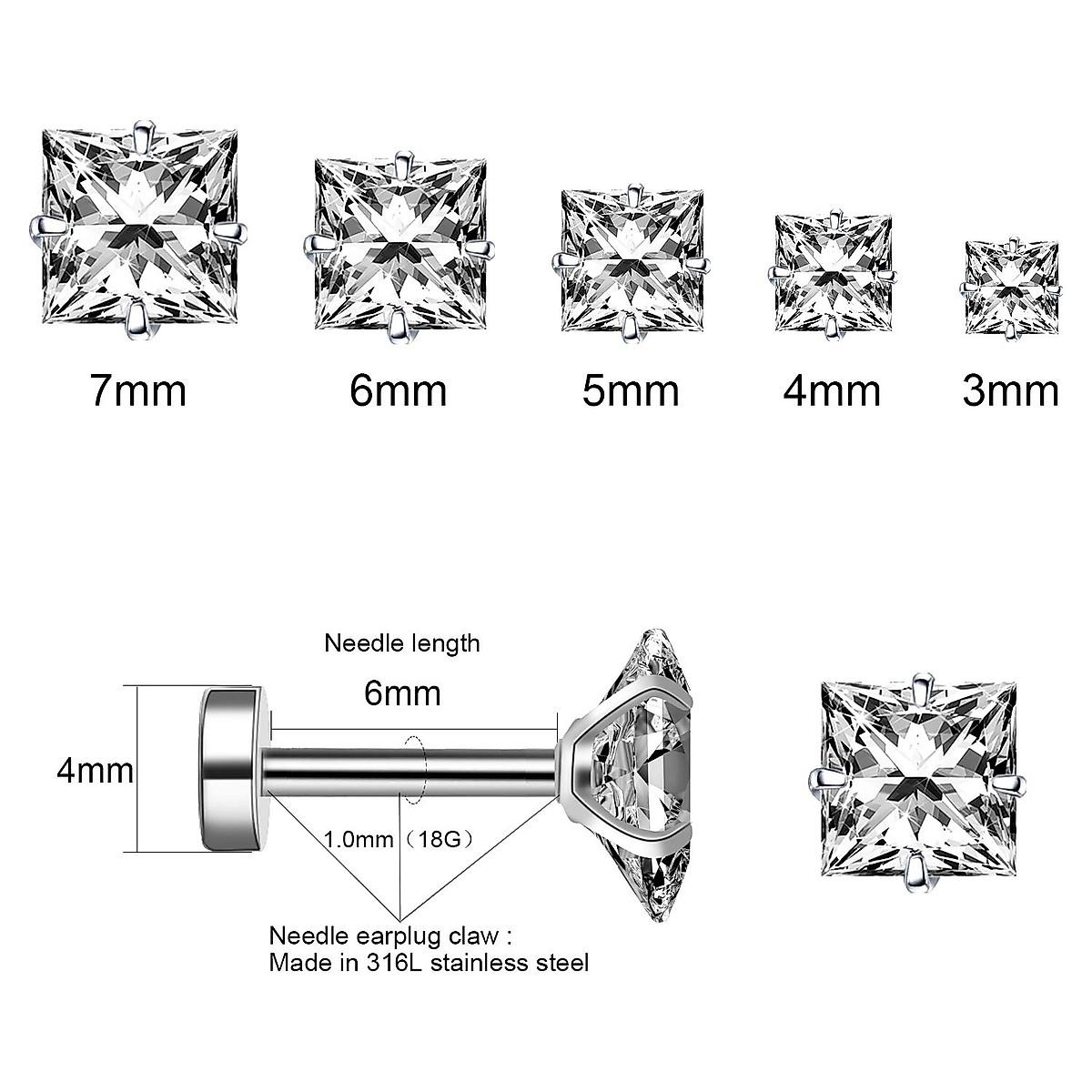 Cubic Zirconia Stud Earrings Princess Cut Square CZ Hypoallergenic 316L Surgical Steel Helix Earrings for Women Men 5 Pairs (C)