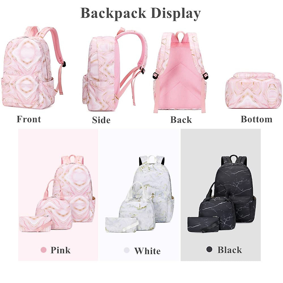 3 Piece Teen Girls Backpack Set Kids Bookbag with Lunch Box Elementary School Outdoor Bag