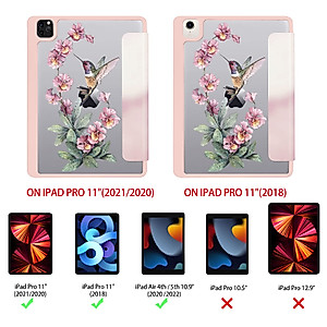 HONNKY for iPad Air 5th/ 4th Generation Case 10.9 Inch (2022/2020),iPad Pro 11 Inch Case with Pencil Holder, Auto Wake/Sleep, Trifold Stand Smart Case with Clear Transparent Back(Flower Hummingbird)