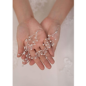 Denifery Earrings Dainty Bridal Earrings Bohemian Bride Unique Wedding Earrings Vine-Like Earrings Minimalist Wedding Earrings Bridal Vine Earrings Pearls Bridal Tiara (Silver)