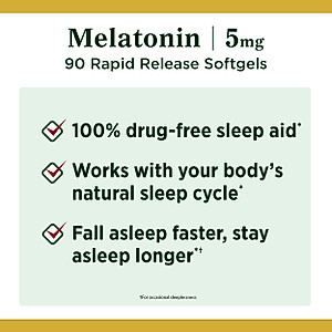 Nature's Bounty Melatonin, 100% Drug Free Sleep Aid, Dietary Supplement, Promotes Relaxation and Sleep Health, 5mg, 90 Softgels (Pack of 2)