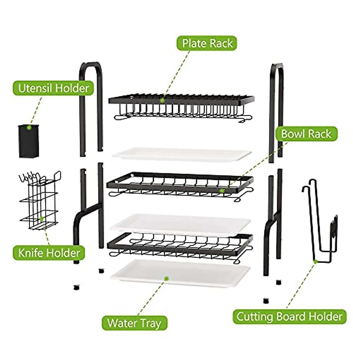 1Easylife Dish Drying Rack, 3 Tier Dish Rack with Tray Utensil Holder, Large Capacity Dish Drainer with Cutting Board Holder Drain Board Tray for Kitchen Counter Organizer Storage (Black)