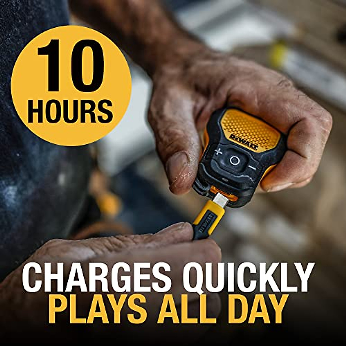 DEWALT Wearable Bluetooth Portable Speaker — Magnetic Clip-On Wireless Bluetooth Speaker — Jobsite Pro Water-Resistant Portable Speaker — Built-in Mic for Hands-Free Music and Calls