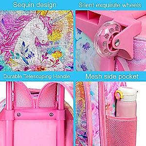 CCJPX 4PCS Kids Rolling Backpack for Girls, Unicorn Sequin Roller Wheeled Bookbag Toddler Elementary School Bag with Wheels One Size