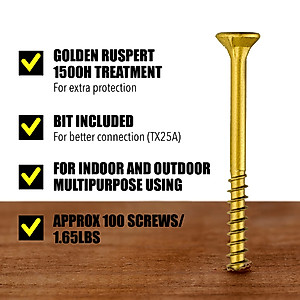 #10 x 3’’ Wood Screws by Grindy (100pack/1.6LBS) – Self-Drilling Deck Screws I Rust Resistant I Quick Drive & Fast Grip I for Cabinet, Furniture & Other Projects I T25 Star Drive I Bit Included