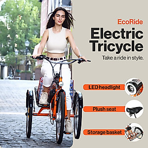 SuperHandy Adult Tricycle Electric Bike EcoRide 3 Modes, Adaptive Torque Pedal Assist, 250W Motor, (2) Lithium Batteries, 330LB Capacity, Large Storage Basket, LED Headlight, Air Pump+Lock Included