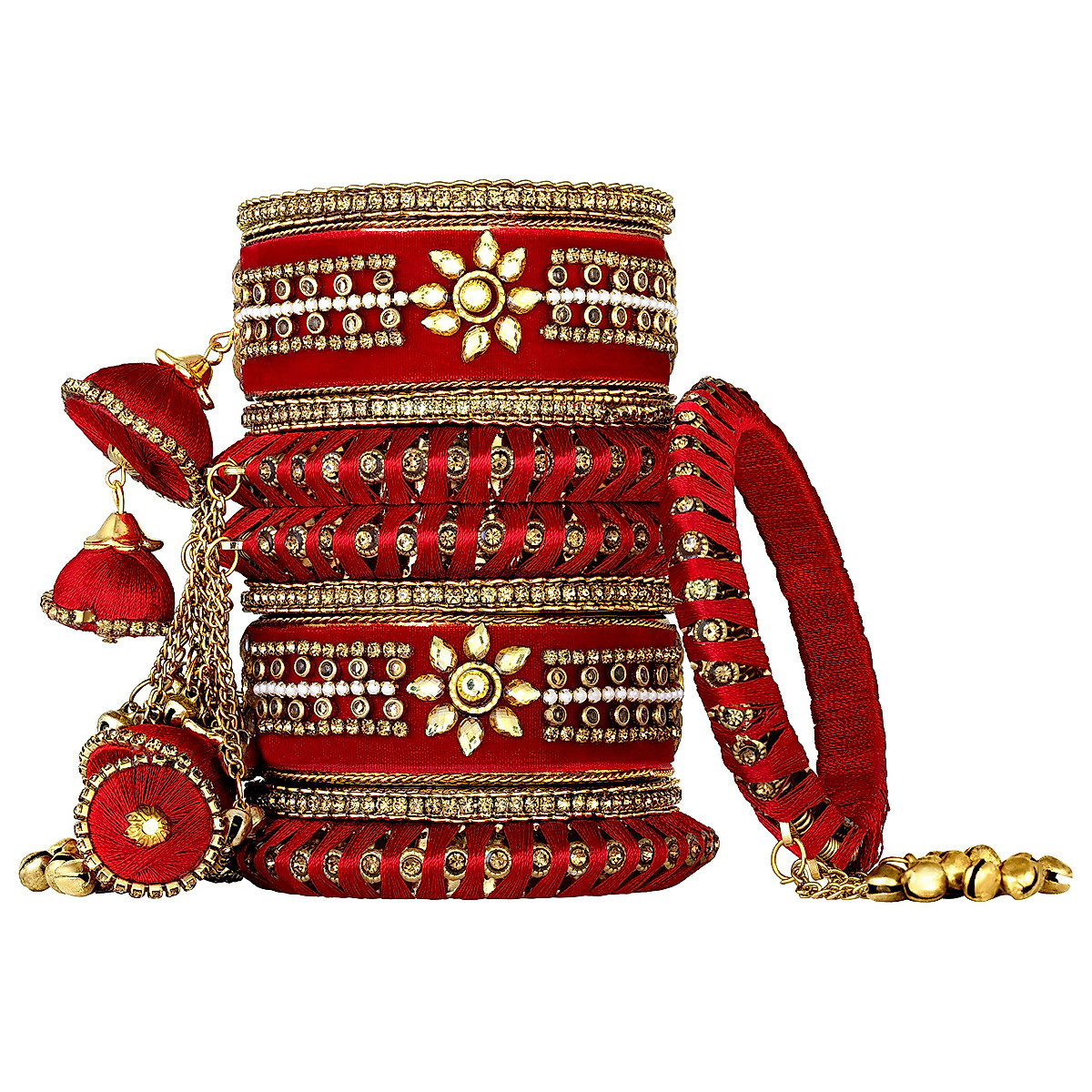 Aheli Wedding Party Designer Velvet Faux Stone Studded Bridal Bangle Set Chuda with Hangings Indian Traditional Ethnic Fashion Jewelry for Women(Red)
