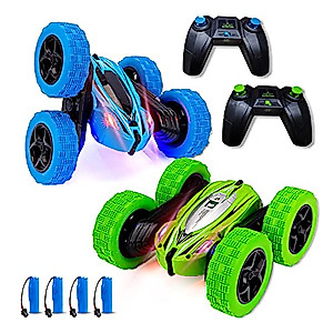 2 Pack Remote Control Car, RC Stunt Cars for Boys, 4WD 2.4Ghz Double Sided 360° Rotating RC Car for Kids, 4 Rechargeable Battery, Blue+Green