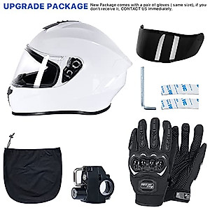 Full Face Motorcycle Street Bike Helmet with Motorcycle Gloves for Men and Women + 2 Visors DOT Model and Helmet Lock for BMX ATV MTB Riding, Road Racing, Cycling(MH-White, Large)