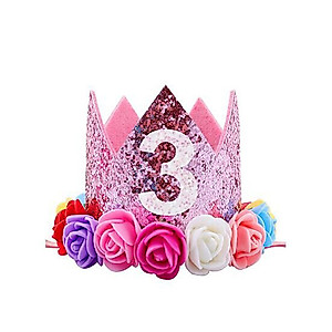 ipalmay Baby Princess Glitter Pink Crown, 3st Birthday Party Hat Pink with Mix Rainbow Color Flowers