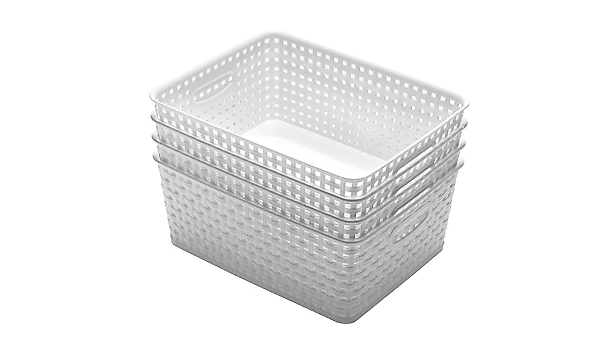 Eslite 4-Pack White Plastic Storage Baskets for Organizing
