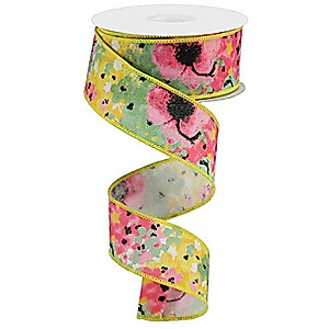 Painted Floral on Canvas Wired Edge Ribbon, 10 Yards (Yellow, 1.5 Inch)