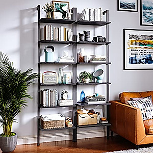 ODK 6-Tier Ladder Shelf, 87 Inches Wall Mounted Ladder Bookshelf with Metal Frame, Open Industrial Shelves for Home Office, Bedroom and Living Room, Black