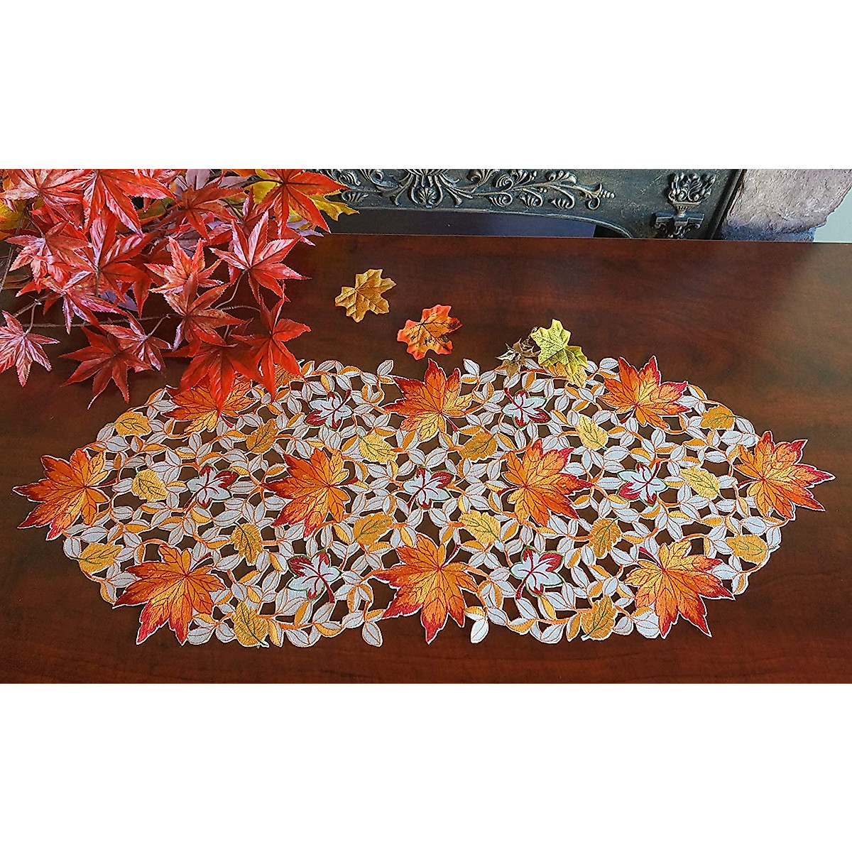 GRANDDECO Thanksgiving Harvest Table Runner Embroidered Cutwork Maple Leaves Dresser Scarf Table Cover Autumn Or Fall Decorations (Table Runner 13"x34")