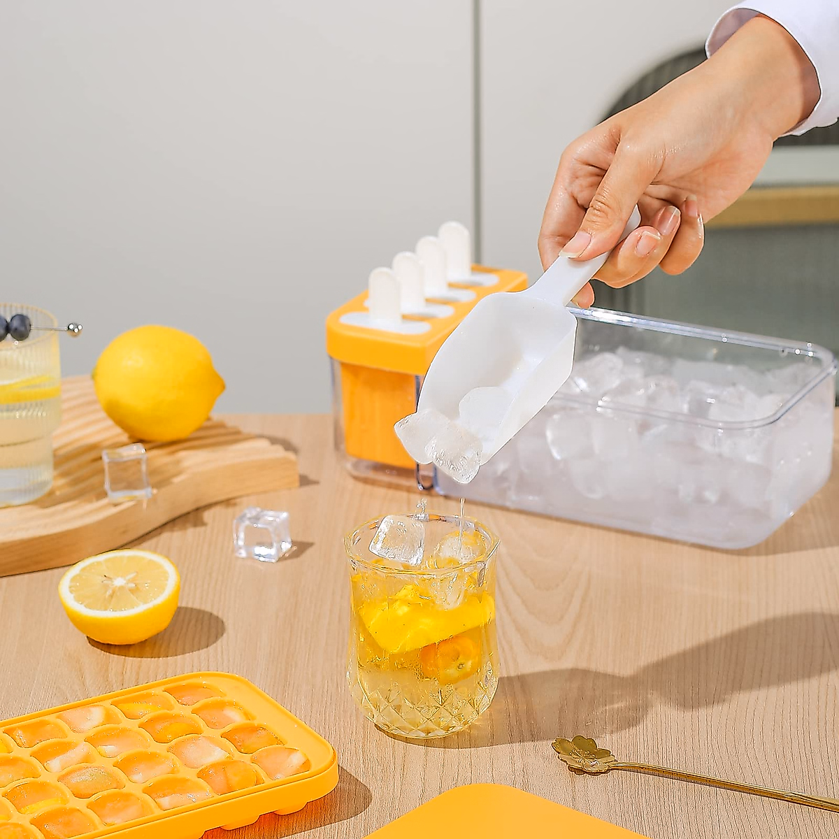 Ice Cube Tray with Lid and Bin for Freezer Container,4 Pcs Popsicle Molds And 24 pcs Ice Cubes Molds for Refrigerator With Easy Release,Spill-Resistant Removable Lid & Ice Scoop for Whiskey,Cocktail