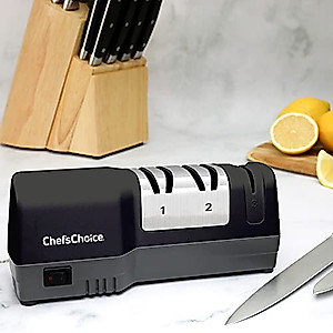 Chef’sChoice 250 Hybrid Knife Sharpeners uses Diamond Abrasives and Combines Electric and Manual Sharpening for 20-Degree Straight and Serrated Knives, 3-Stage, Black