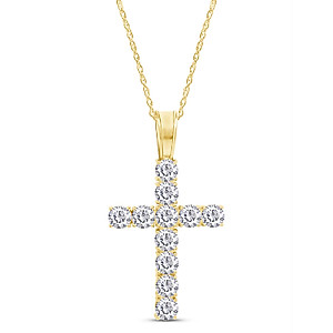SAVEARTH DIAMONDS 1 Carat Round Cut Lab Created Moissanite Diamond Cross Pendant Necklace In 14k Yellow Gold Plated 925 Sterling Silver With 18" Chain (VVS1 Clarity, 1.00 Cttw)