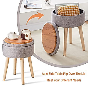 Mxfurhawa Storage Ottoman Linen Round Vanity Stool Tray Top Modern Foot Stool with Wood Legs Multifunctional Upholstered Foot Ottoman Rest for Living Room, Bathroom, Makeup (Grey)