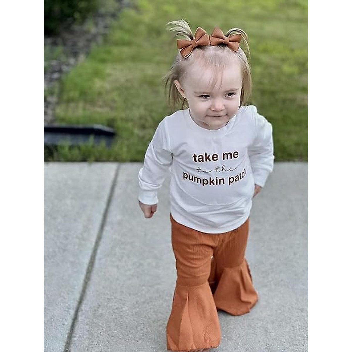 Molgkyo Toddler Baby Girl Halloween Clothes Set Long Sleeve Letter Sweatshirt Tops Pumpkin Bell Bottom Pants Set Fall Outfits (A-B White, 2-3 Years)