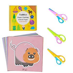 FUPAXN Set For Paper-cutting：DIY Fun Paper-cutting,Safety Scissors For Children - Plastic, Dual-Color Preschool Training Scissors(3 Pack), Paper Cutting(96 Pcs), Colour