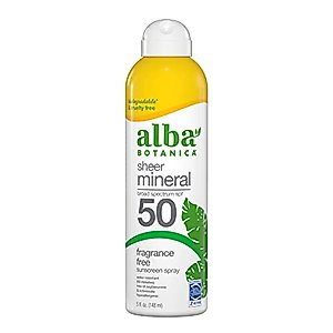Alba Botanica Sunscreen for Face and Body, Fragrance-Free Sheer Mineral Sunscreen Spray, Broad Spectrum SPF 50, Water Resistant and Biodegradable, 5 fl. oz. Bottle