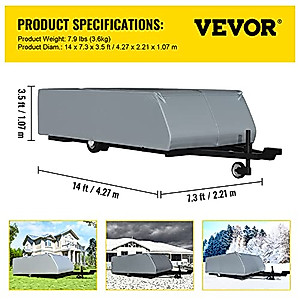VEVOR Pop Up Camper Cover, Fit for 12'-14' Trailers, Ripstop 4-Layer Non-Woven Fabric Folding Trailer Covers, UV Resistant Waterproof RV Storage Cover w/ 3 Wind-Proof Ropes and 1 Storage Bag, Gray