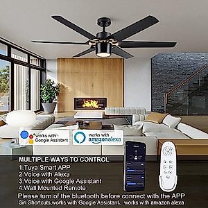 POCHFAN 60 inch Black Ceiling Fans with Lights and Remote, Modern Smart Ceiling Fan Compatible with Alexa, Google Home & Smart APP, Reversible Dimmable DC Ceiling Fan for Indoor or Covered Outdoor