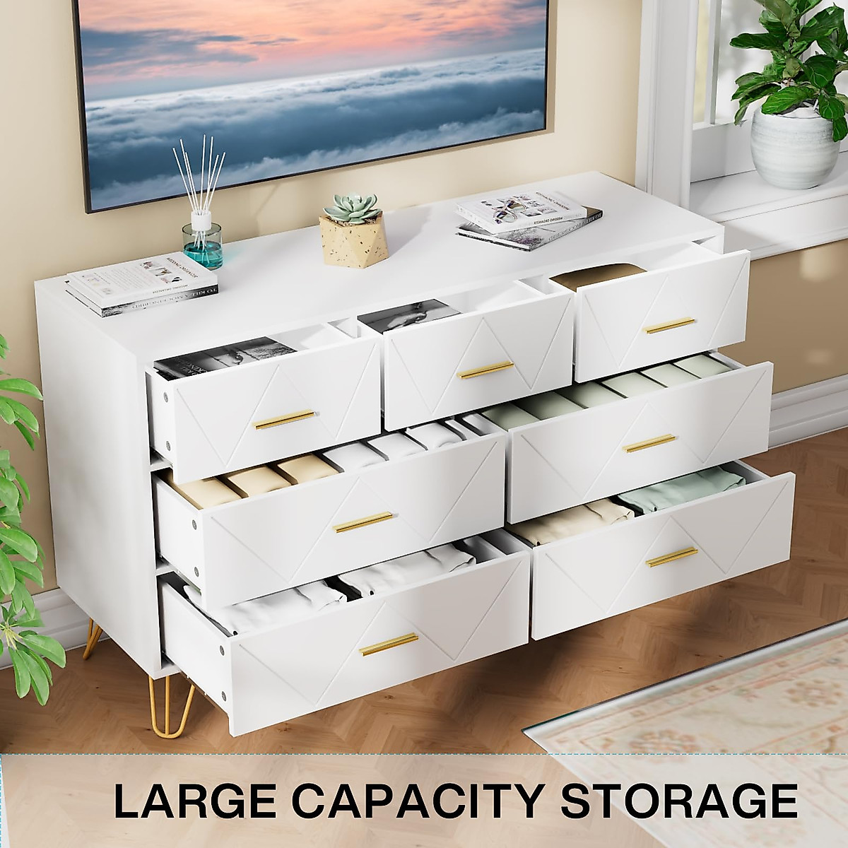 JOZZBY White Dresser for Bedroom, 7 Drawer Wooden Dresser with Gold Handles, Modern Storage Dressers & Chests of Drawers for Hallway, Entryway